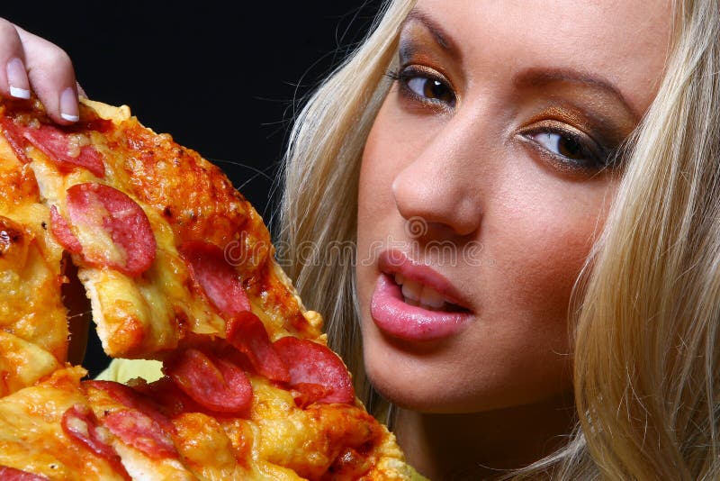 Beautiful Young Woman Eating Pizza Stock Photo - Image of face ...