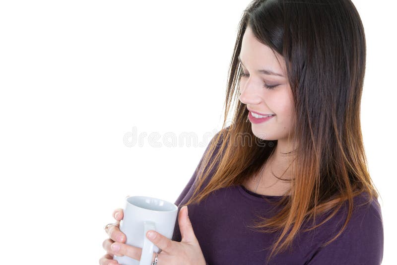 Beautiful Young Woman Enjoying Looking Cup of Coffee Stock Photo ...