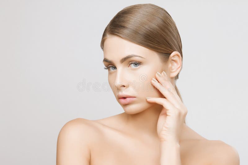 Beautiful Young Woman Face Close Up Studio on Grey Background Stock ...