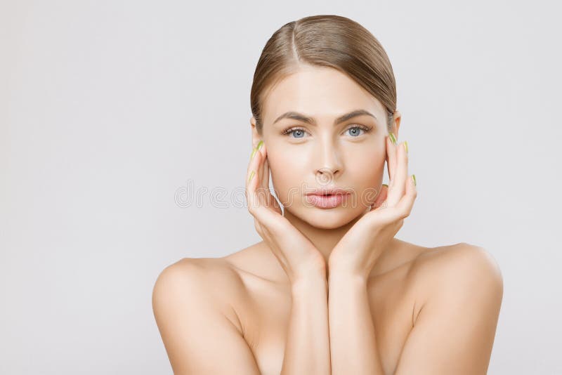 Beautiful Young Woman Face Close Up Studio on Grey Background Stock ...