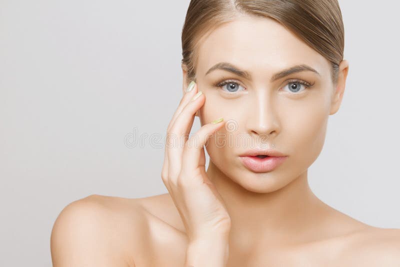 Beautiful Young Woman Face Close Up Studio on Grey Background Stock ...
