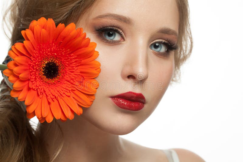 Beautiful Young Woman with Flower Isolated on White Stock Image - Image ...