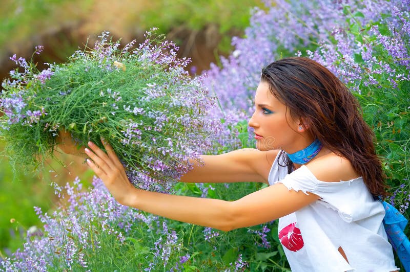 Beautiful Young Woman between Flowers Stock Image - Image of female ...