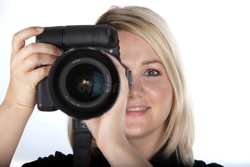 Beautiful Young Woman Holding Camera Stock Photo - Image of hold ...
