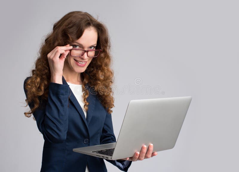 Beautiful Young Woman Holding Laptop Stock Photo - Image of pretty ...