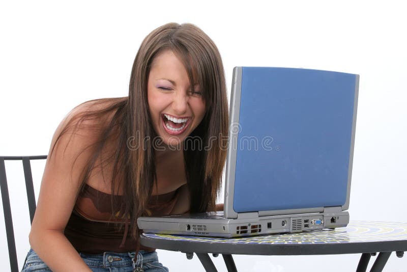 Beautiful Young Woman with Laptop Computer Laughing Stock Image - Image ...