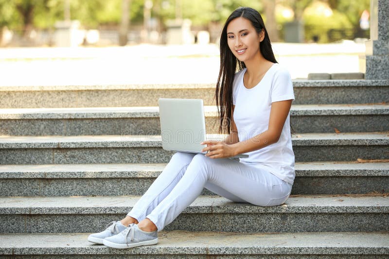 Young Woman with Laptop Computer Stock Photo - Image of adult ...