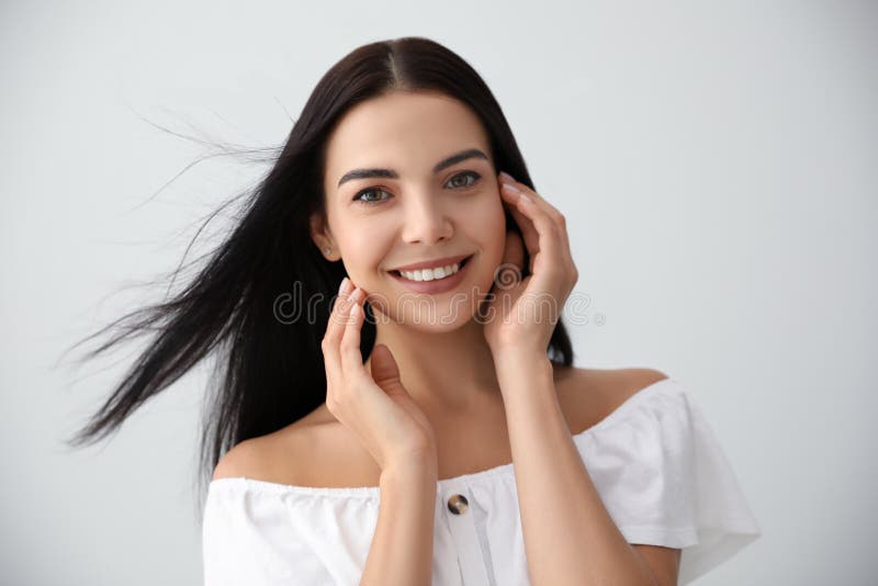 Beautiful Young Woman on Light Grey Background Stock Image - Image of ...