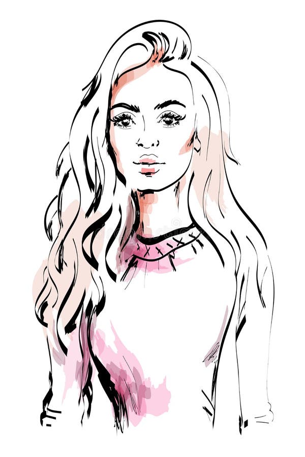 Beautiful Young Woman with Long Hair. Sketch. Vector Illustration ... Beautiful Young Woman with Long Hair. Sketch. Vector Illustration ...