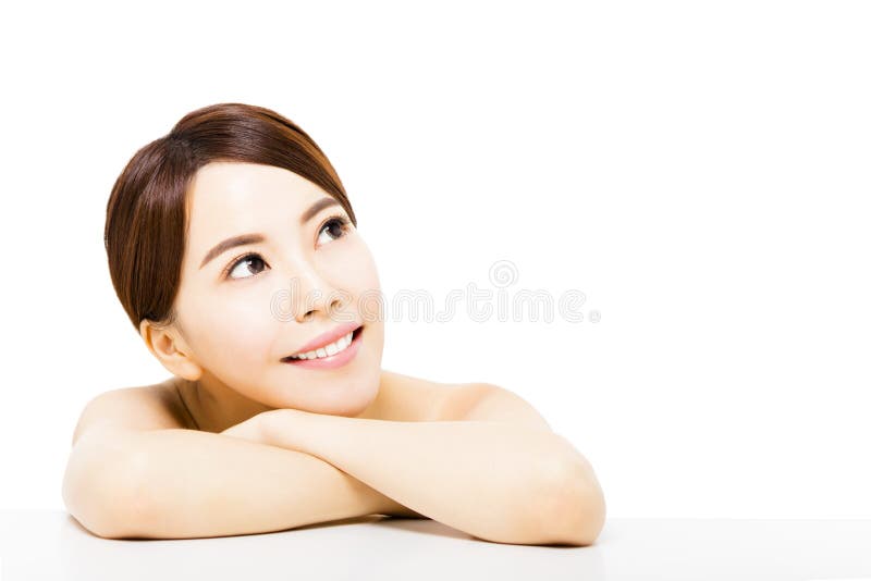 Beautiful Young Woman Looking Up Stock Image - Image of care, empty ...