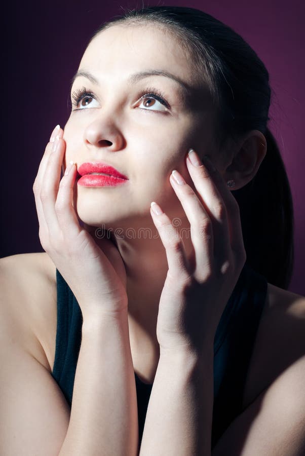 Beautiful Young Woman Looking Up in Expectation Stock Photo - Image of ...