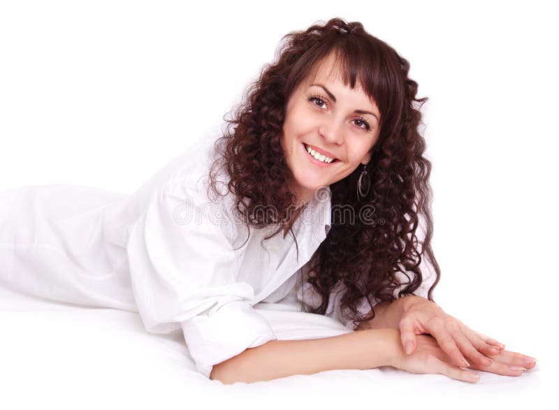Beautiful Young Woman Lying on a Bed Stock Image - Image of happy ...