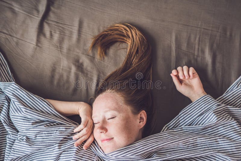 Beautiful Young Woman Lying Down in Bed and Sleeping, Top View. Do Not ...