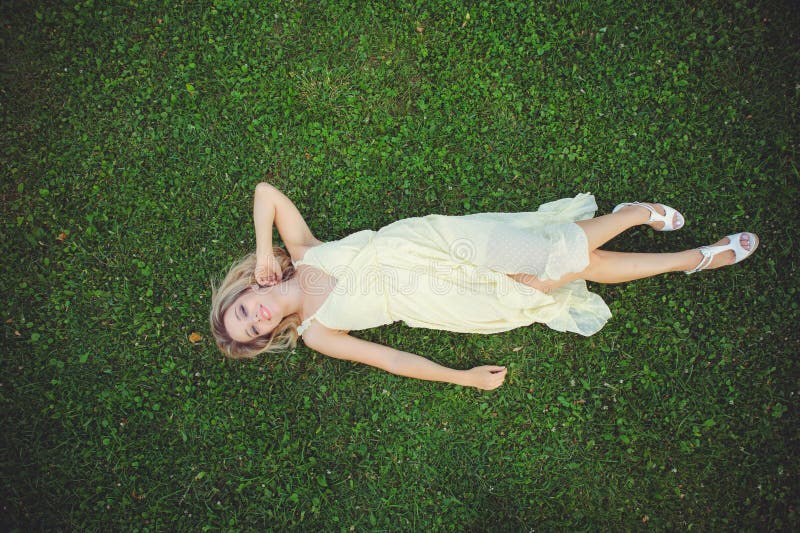 Beautiful Young Woman Lying On The Grass Fresh Natural Summer Concept