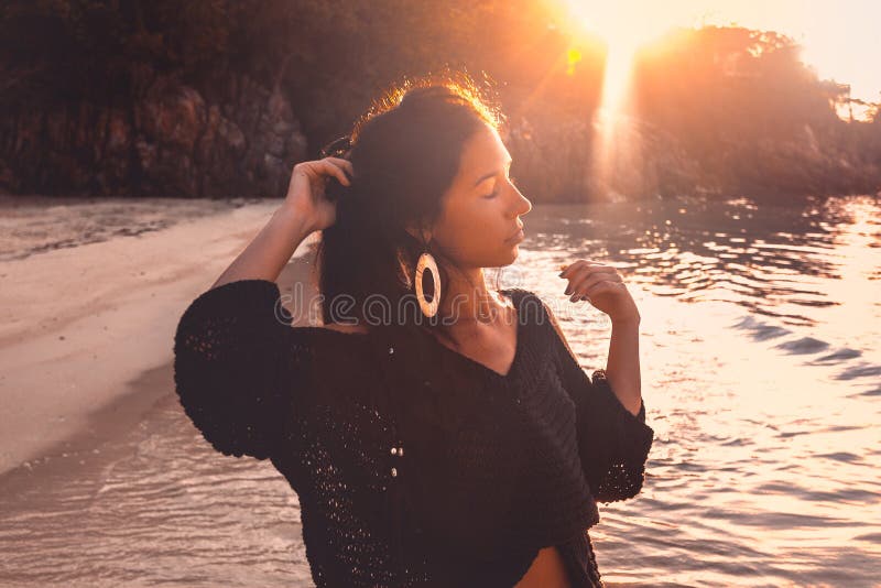 Beautiful Young Woman Model on the Beach at Sunset Stock Image - Image ...