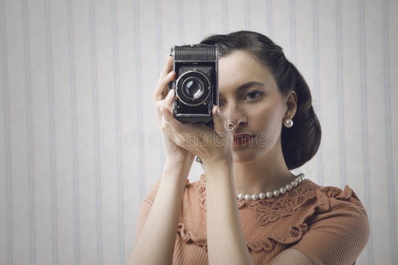 Woman with a old camera stock photo. Image of beautiful - 29856428