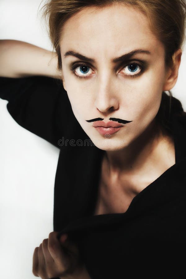 Beautiful Young Woman with Painted Mustache Stock Photo - Image of ...