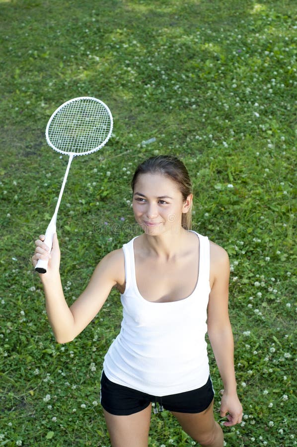 Beautiful Young Woman Playing Badminton Stock Photo - Image of ...