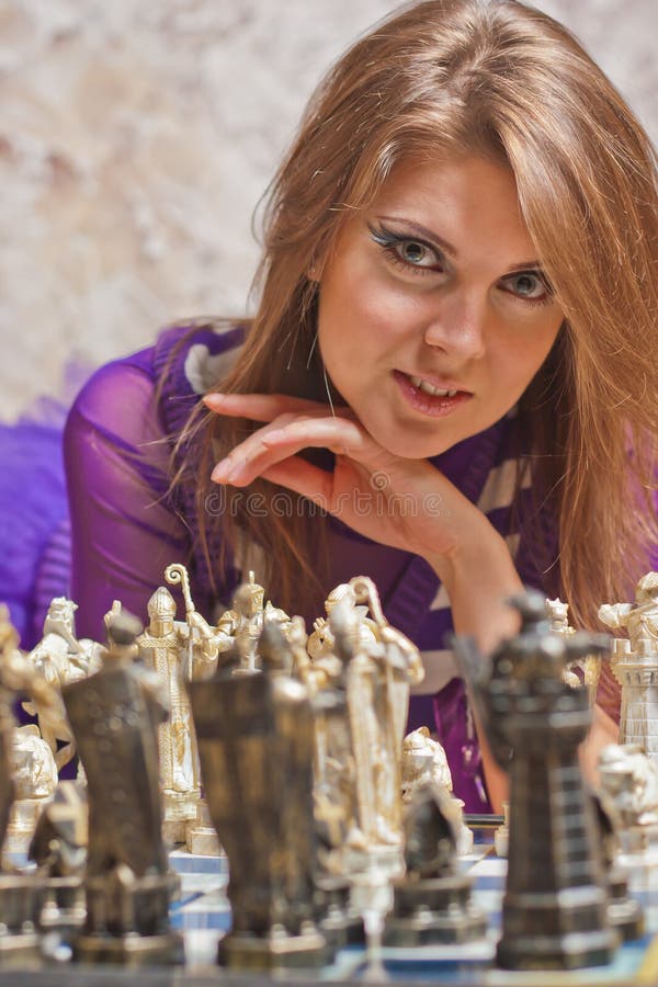 Beautiful Young Woman Playing Chess Stock Image - Image of thinking ...