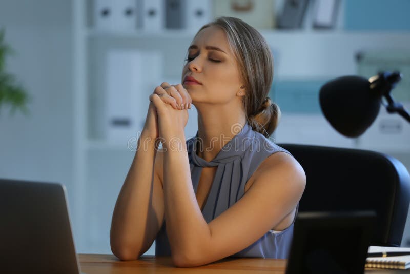 Beautiful Young Woman Praying in Office Stock Image - Image of portrait ...