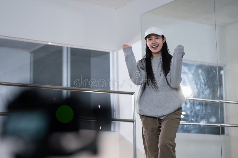 Beautiful Young Woman Recording Dance Video Tutorial for Social Media ...