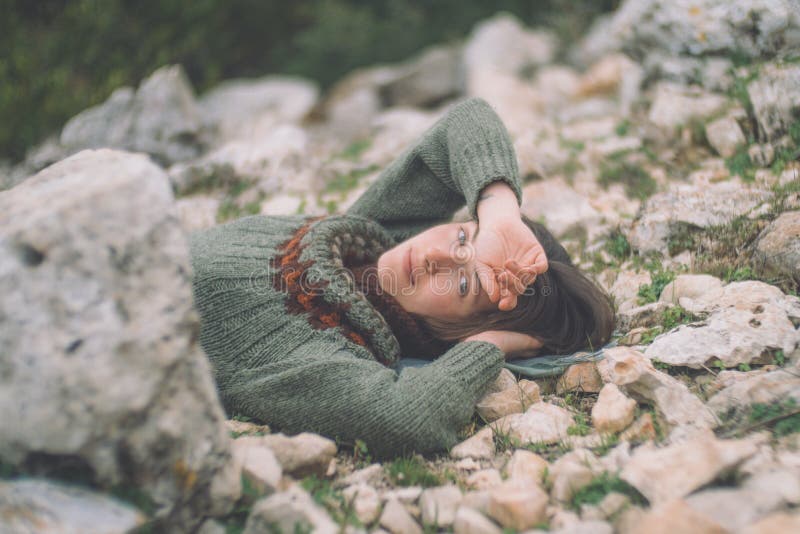 Beautiful Young Woman Resting on the Nature Stock Photo - Image of hill ...