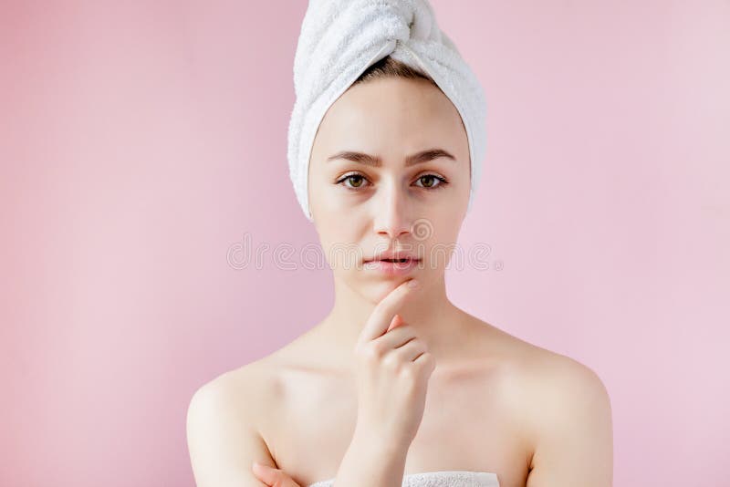 Beautiful Young Woman After Shower With Towel On Pink Background Stock