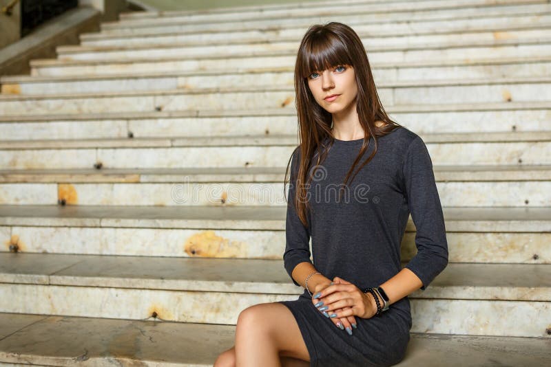 Beautiful Young Woman Sitting on the Steps Stock Image - Image of lady ...