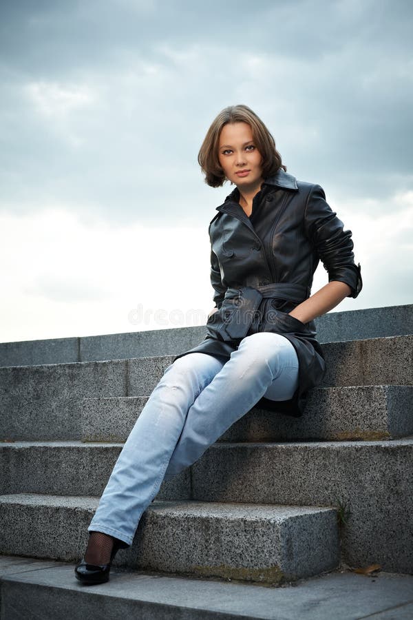 Beautiful Young Woman Sitting on Steps Stock Photo - Image of model ...