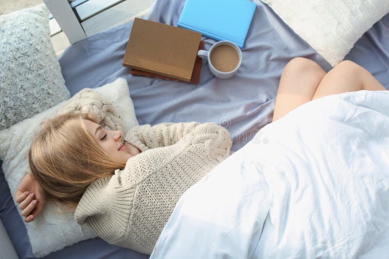 Beautiful Young Woman Sleeping at Home, Top View. Stock Image - Image ... Beautiful Young Woman Sleeping at Home, Top View. Stock Image - Image ...