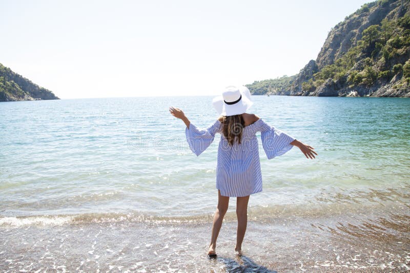 Beautiful Young Woman in Standing at Sea Beach Stock Image - Image of ...