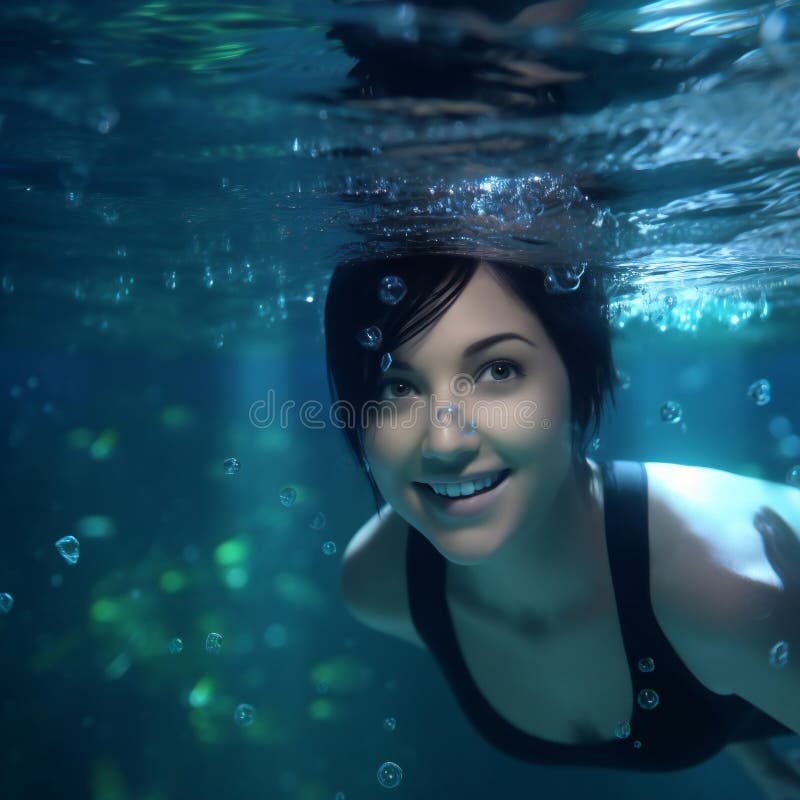 Beautiful Young Woman Swimming Underwater In The Pool Underwater