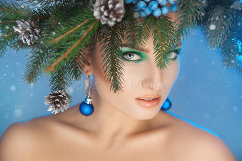 Beautiful Young Woman with Tree-wreath on Head and Nice Makeup a Stock ...