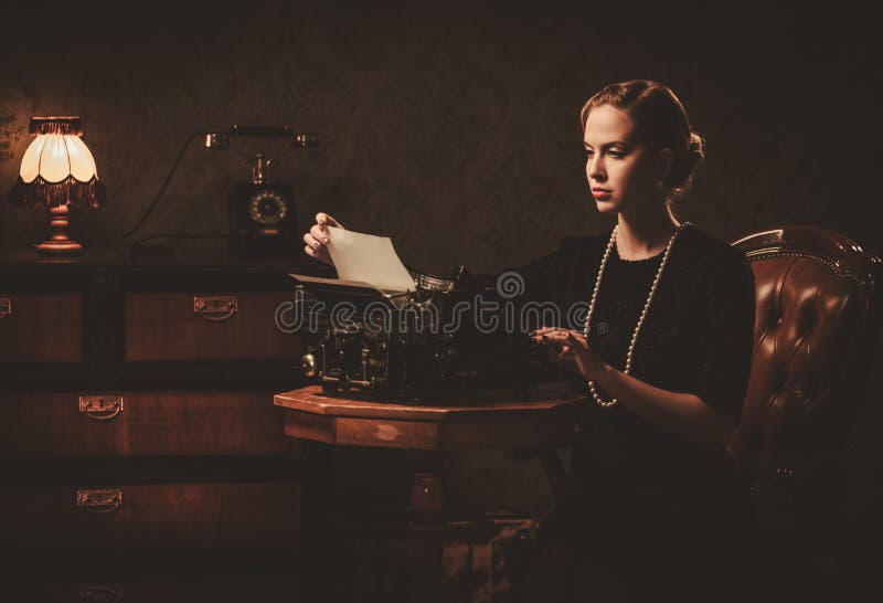 Beautiful Young Woman Typing in Retro Interior Stock Image - Image of ...