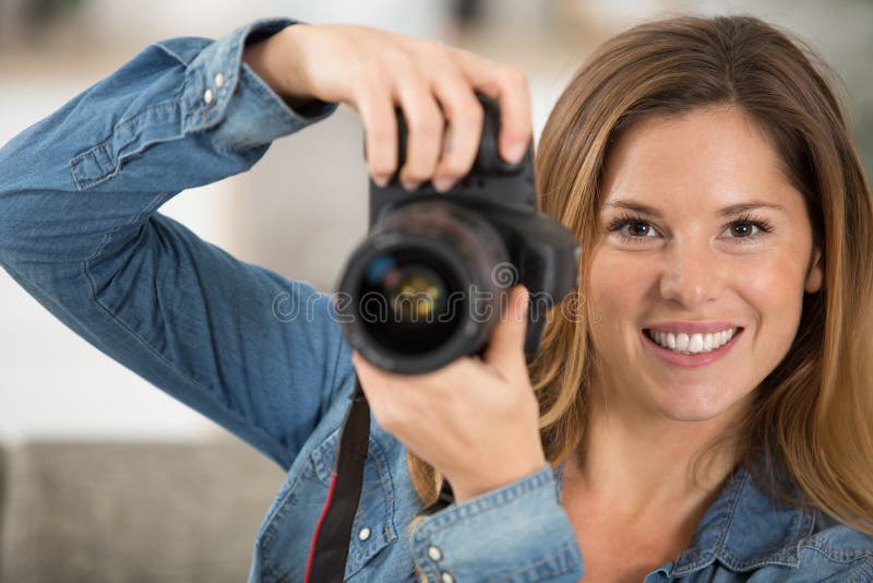 Beautiful Young Woman Using Camera Stock Photo - Image of modern ...