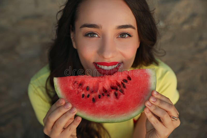 Beautiful Young Woman with Watermelon Outdoors, Top View Stock Photo ... Beautiful Young Woman with Watermelon Outdoors, Top View Stock Photo ...