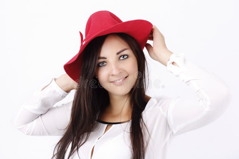Beautiful Young Woman Wearing Red Hat Stock Photo - Image of hands ...