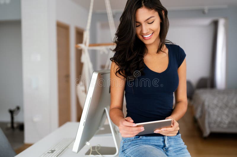 Beautiful Young Woman Working on Computer. Technology, People, Work ...