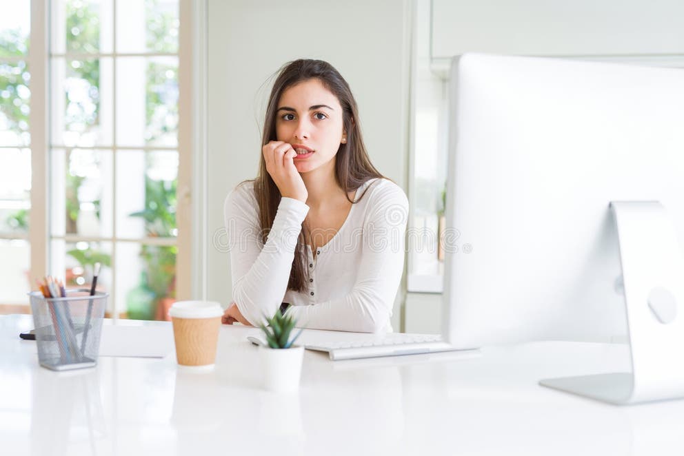 Beautiful Young Woman Working Using Computer Looking Stressed and ...