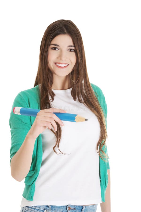 Beautiful Young Woman Writing on Copy Space with Pencil. Stock Photo ...