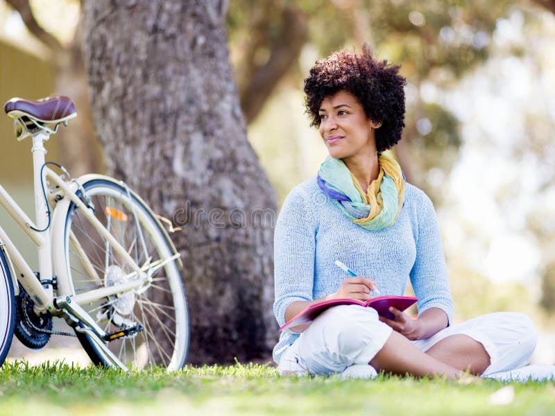 Beautiful Young Woman Writing in Her Diary Outdoors Stock Photo - Image ...