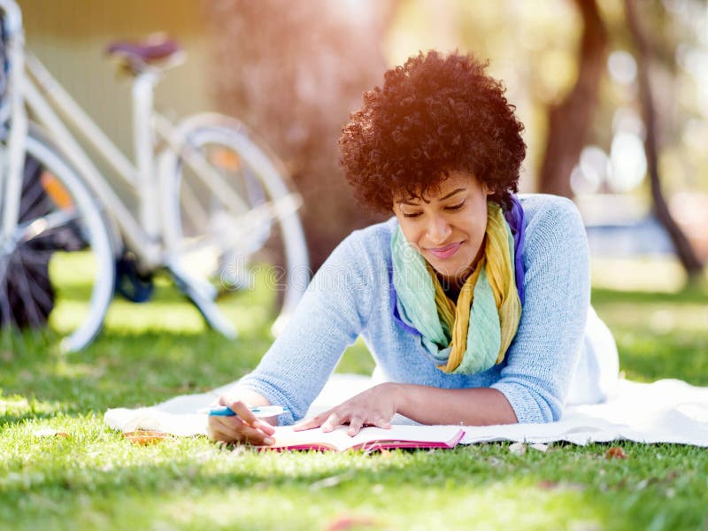 Beautiful Young Woman Writing in Her Diary Outdoors Stock Image - Image ...