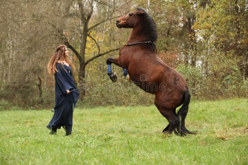 Beautiful Young Girl with Prancing Horse Stock Photo - Image of pretty ...