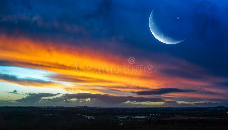 Month in the Clouds of Sunset, the Tranquillity of Nature Stock Image ...