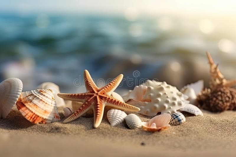 Beautifull Shells on the Sand Beach. Generative AI Stock Illustration ...