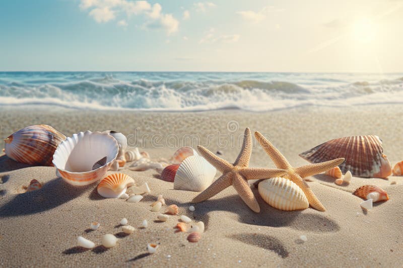 Beautifull Shells on the Sand Beach. Generative AI Stock Illustration ...