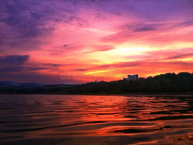 Beautifull Red Sunset at Lake Stock Photo - Image of reflection ...