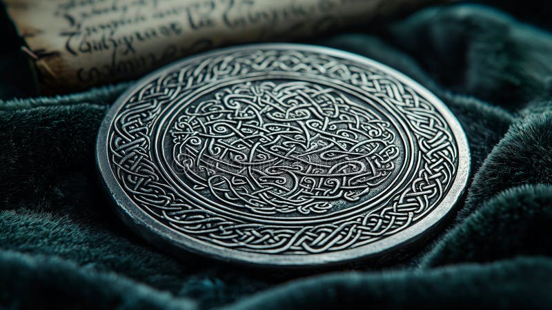 Antique Silver Coin with Intricate Celtic Engravings Description: Stock ...