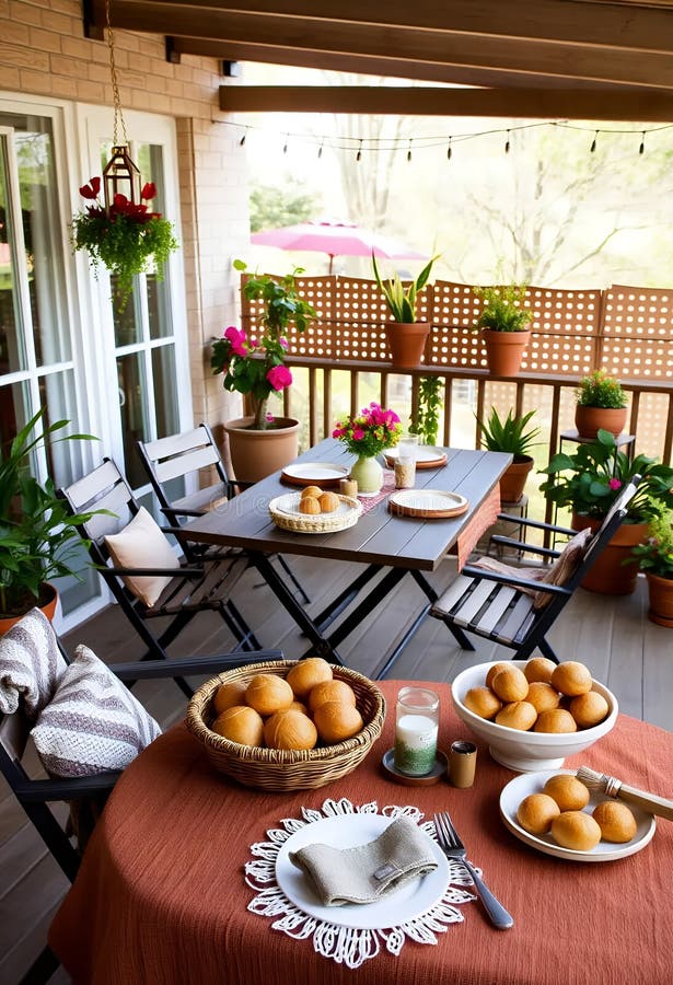 Cozy Balcony Breakfast Setup Fresh Bread Potted Plants Stock Photos ...