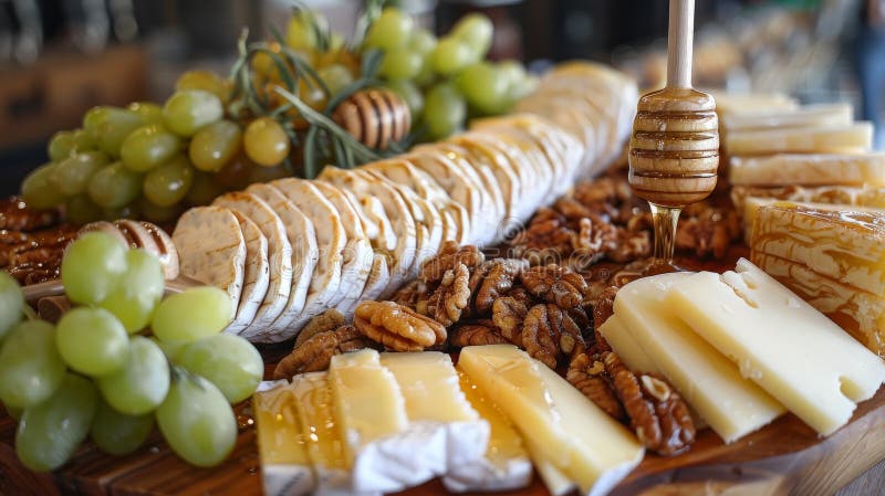 Delicious Honey Accompanied Cheese Platter with Grapes and Nuts at a ...